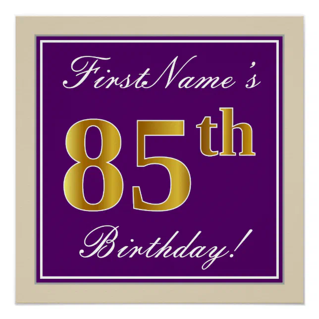 Elegant, Purple, Faux Gold 85th Birthday + Name Poster | Zazzle