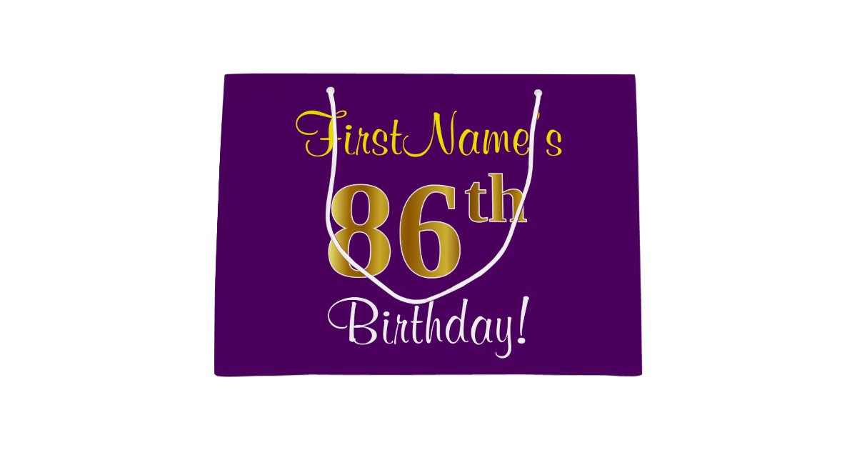 Elegant, Purple, Faux Gold 86th Birthday + Name Large Gift Bag | Zazzle