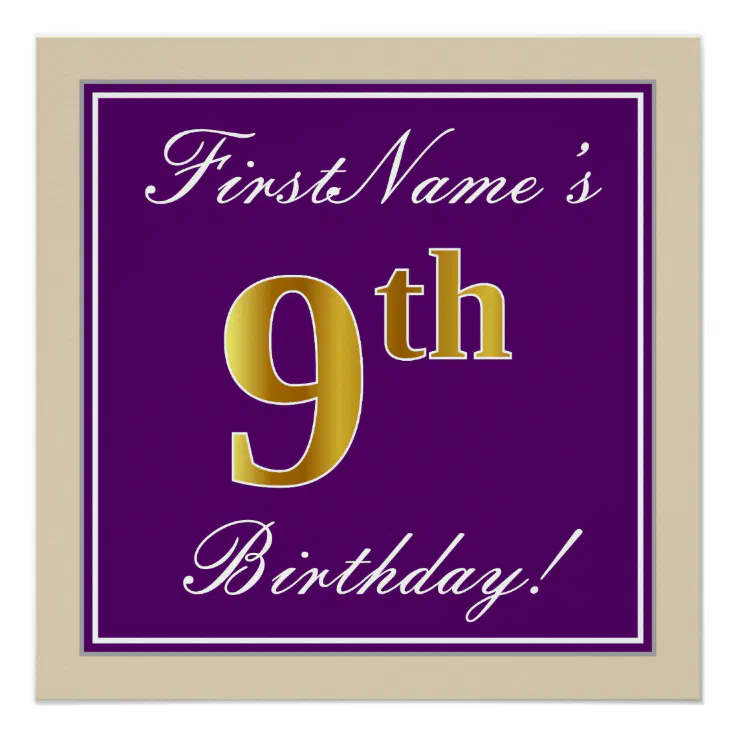 Elegant, Purple, Faux Gold 9th Birthday + Name Poster | Zazzle
