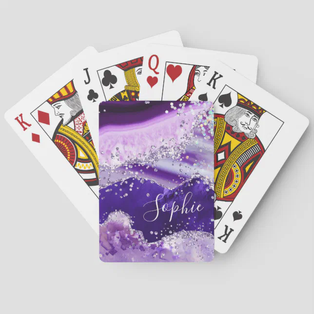 Elegant Purple Faux Holo Glitter Agate Poker Cards | Zazzle