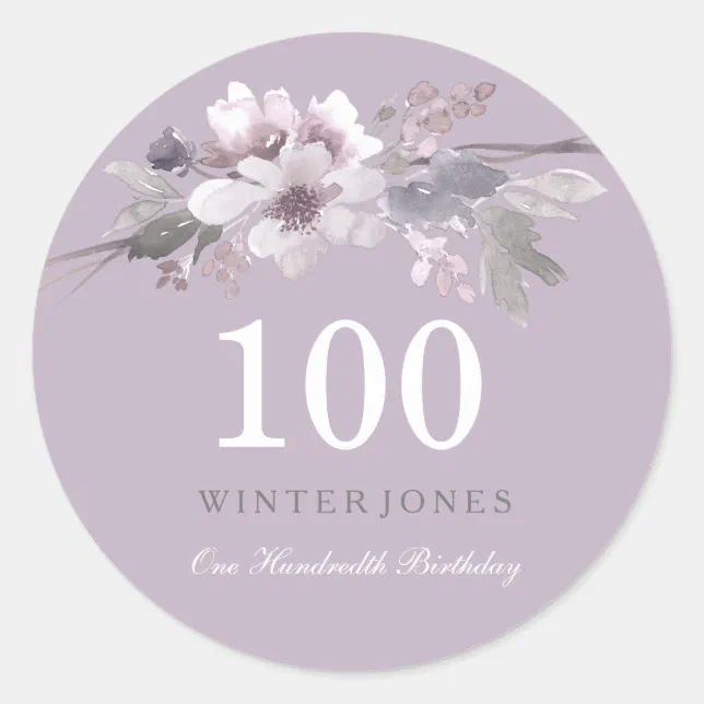 Elegant Purple Floral 100th Birthday Party Classic Round Sticker | Zazzle