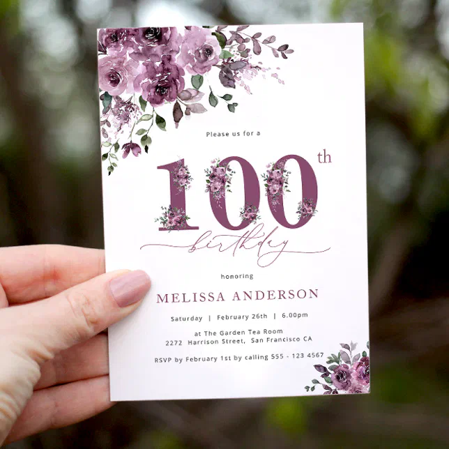 Elegant Purple Floral 100th Birthday Party Invitation | Zazzle