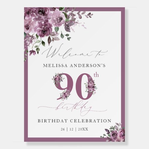 Elegant Purple Floral 90th Birthday Welcome Foam Board | Zazzle