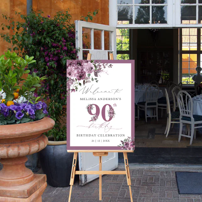 Elegant Purple Floral 90th Birthday Welcome Foam Board | Zazzle