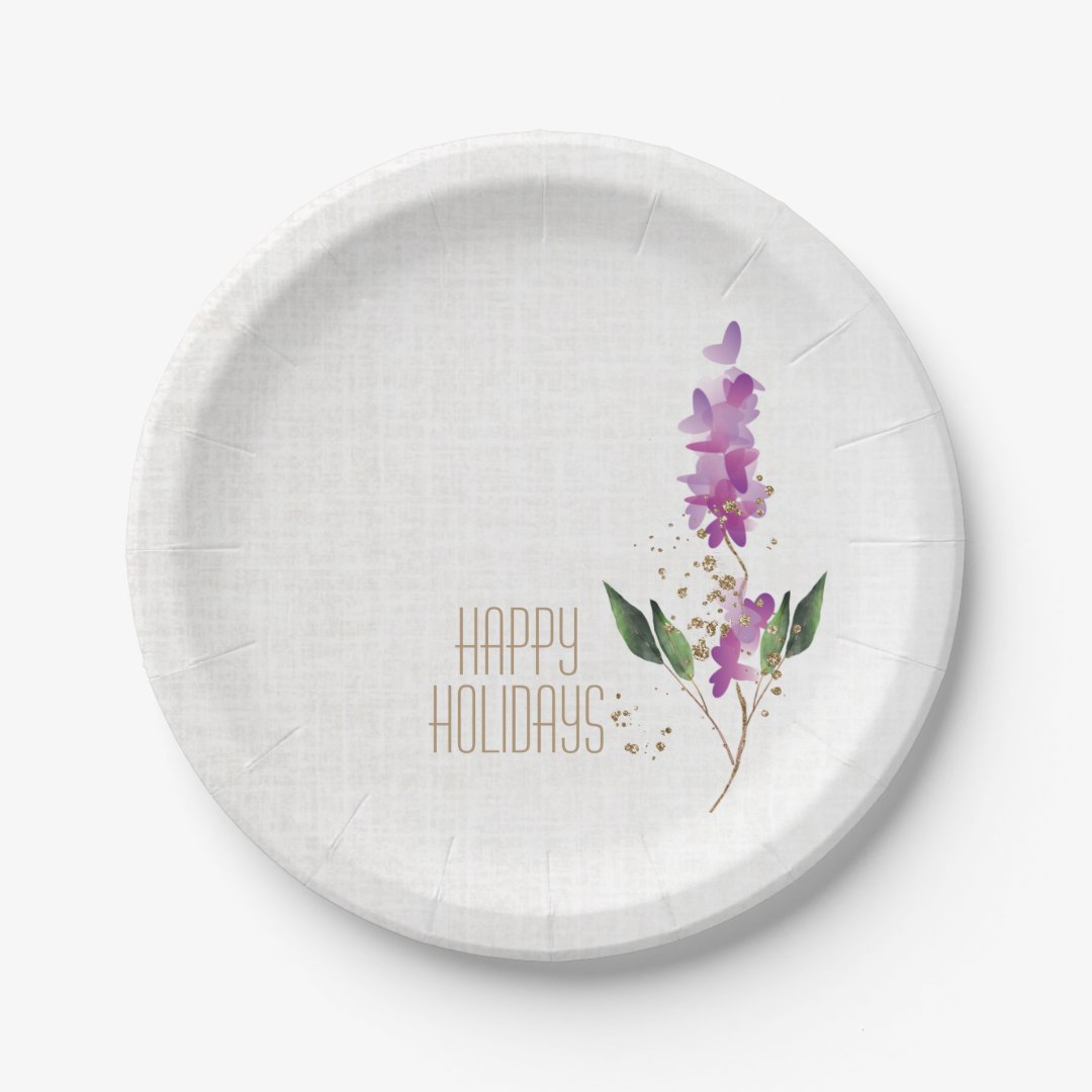 Elegant Purple Floral and Glitter Glam Party Paper Plates | Zazzle