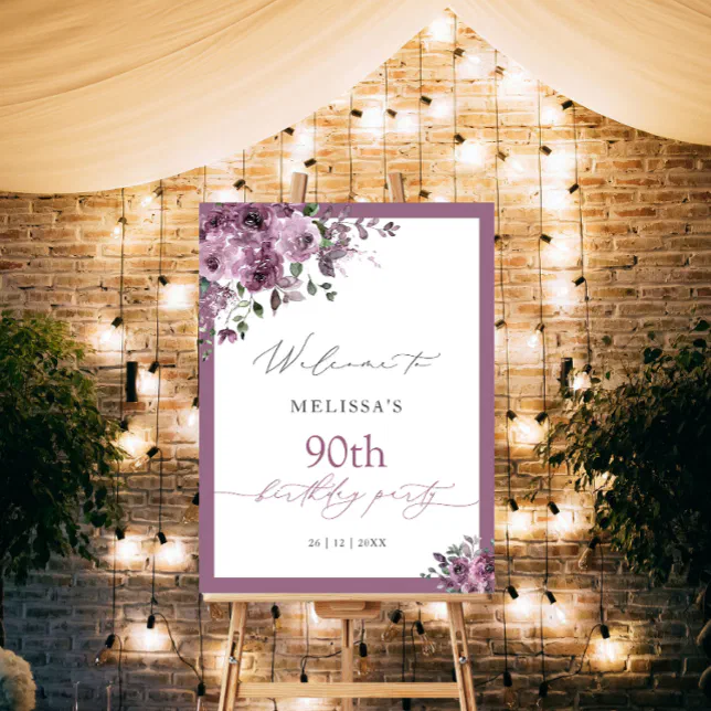 Elegant Purple Floral Any Age Birthday Welcome Foam Board | Zazzle