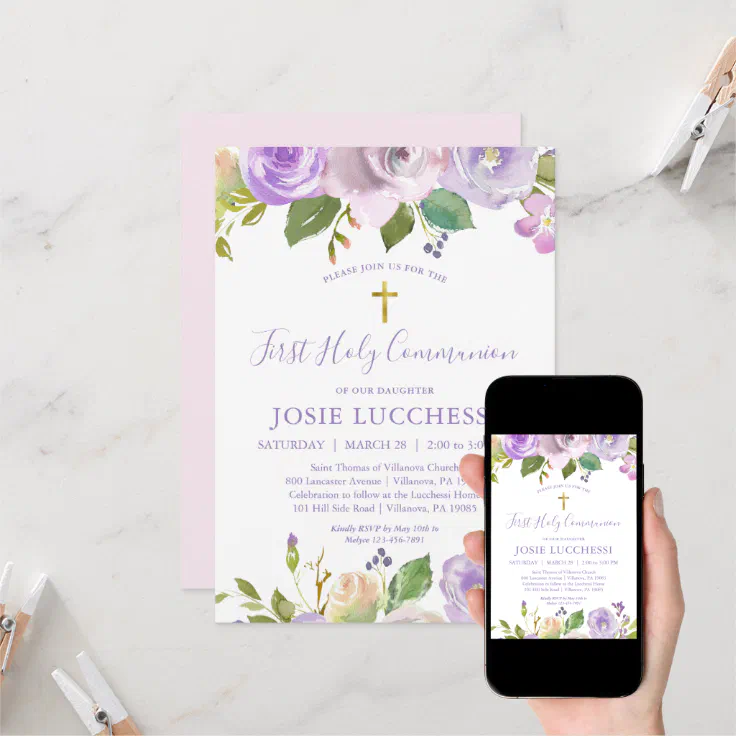 Elegant Purple Floral Baptism Communion Invitation | Zazzle