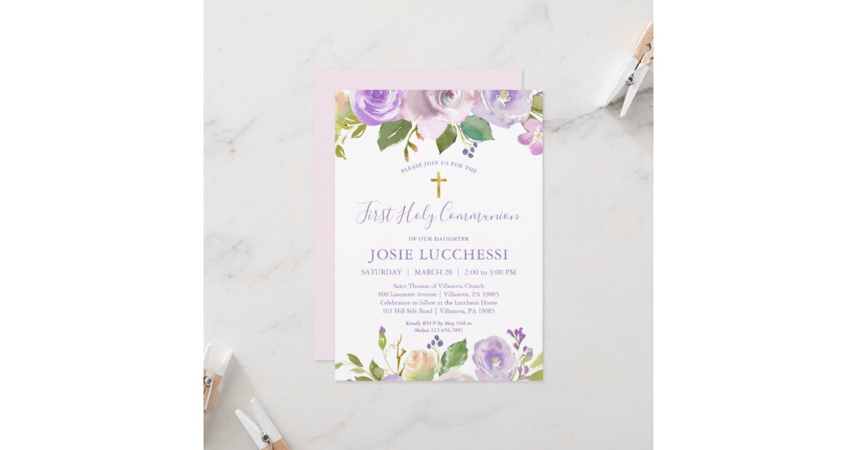Elegant Purple Floral Baptism Communion Invitation | Zazzle
