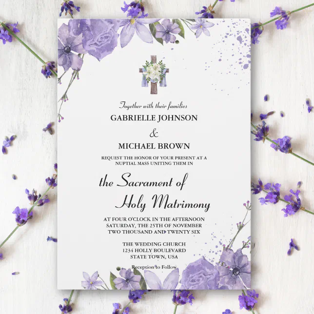 Elegant Purple Floral Cross White Nuptial Mass Invitation | Zazzle