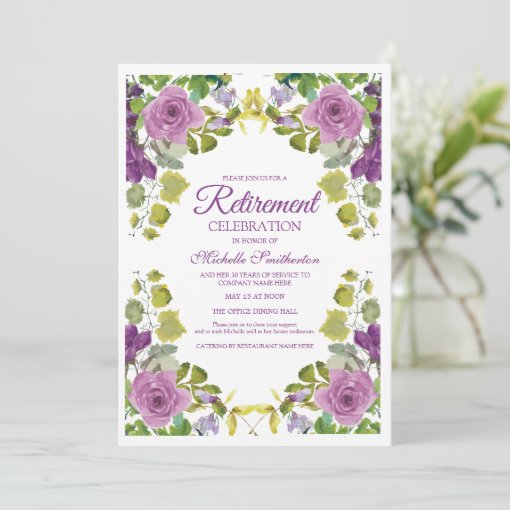 Elegant Purple Floral Green Vines Retirement Party Invitation | Zazzle
