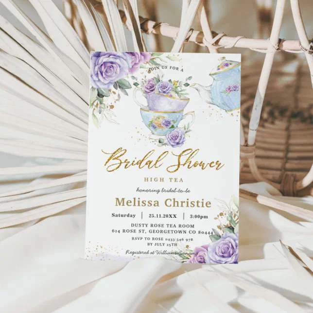 Elegant Purple Floral High Tea Party Bridal Shower Invitation | Zazzle