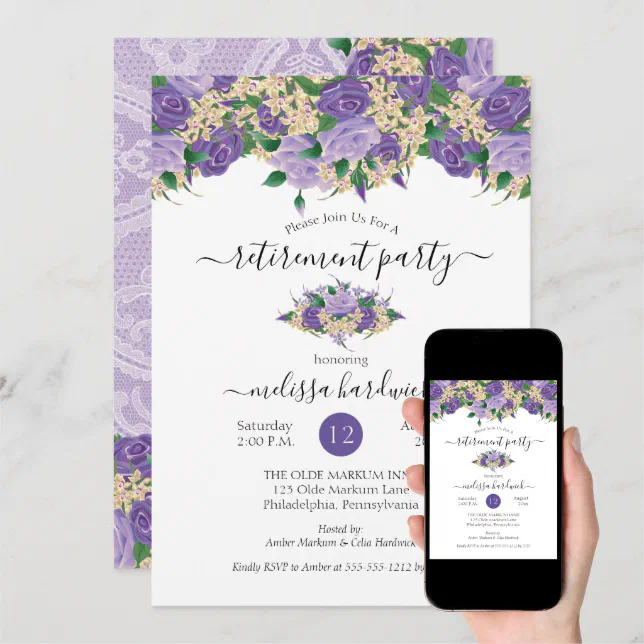 Elegant Purple Floral | Lace Retirement Party Invitation | Zazzle