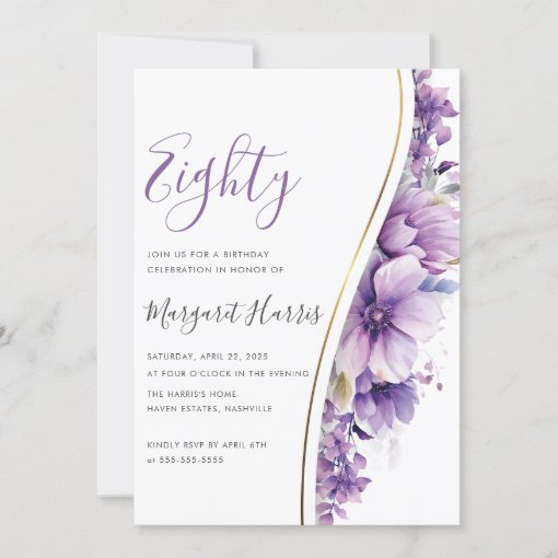 Elegant Purple Flowers 80th Eighty Birthday Invitation | Zazzle