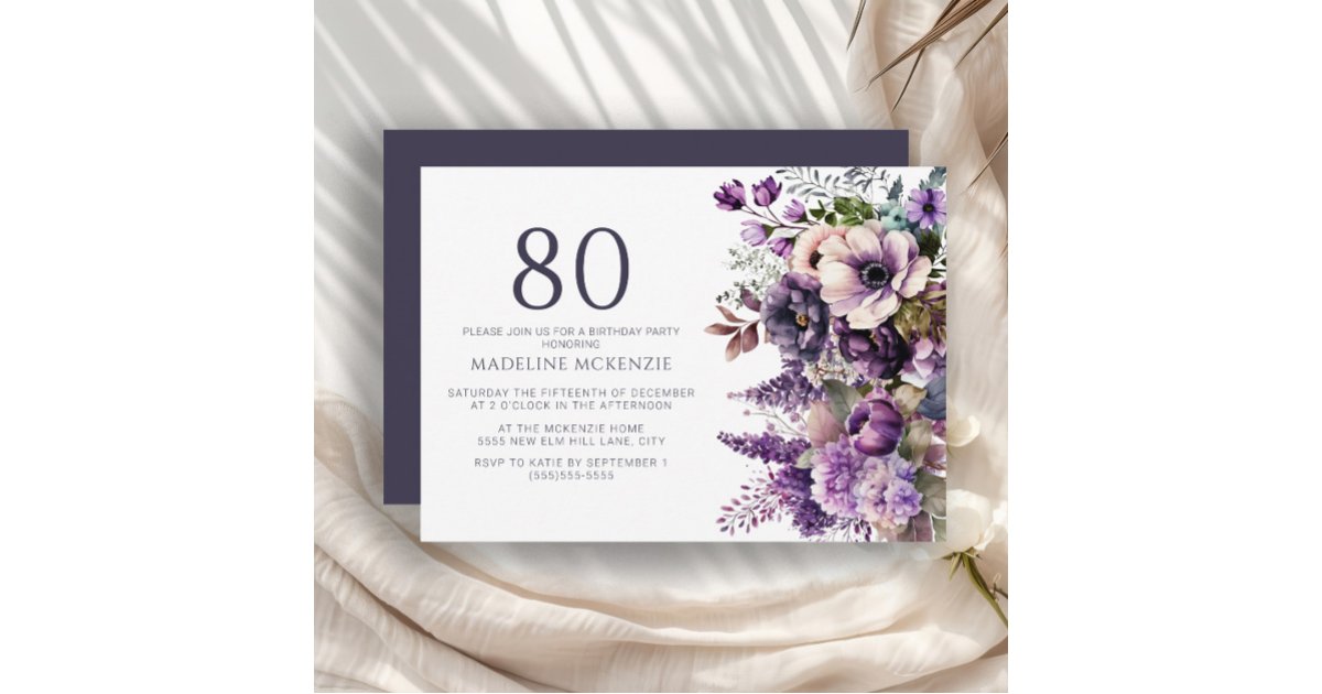 Elegant Purple Flowers Adult 80th Birthday Invitation | Zazzle