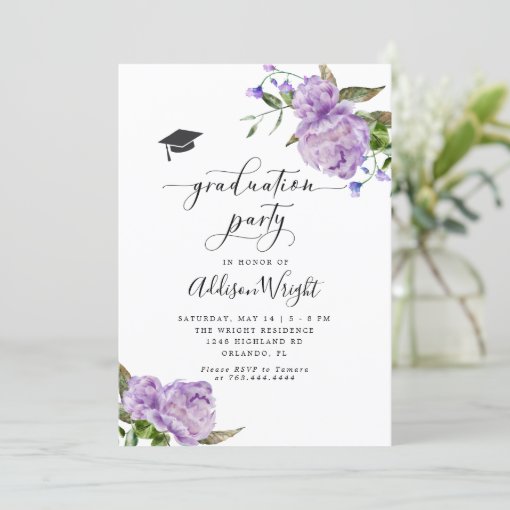 Elegant Purple Flowers Graduation Party Invitation | Zazzle