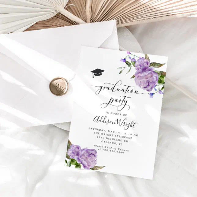 Elegant Purple Flowers Graduation Party Invitation | Zazzle