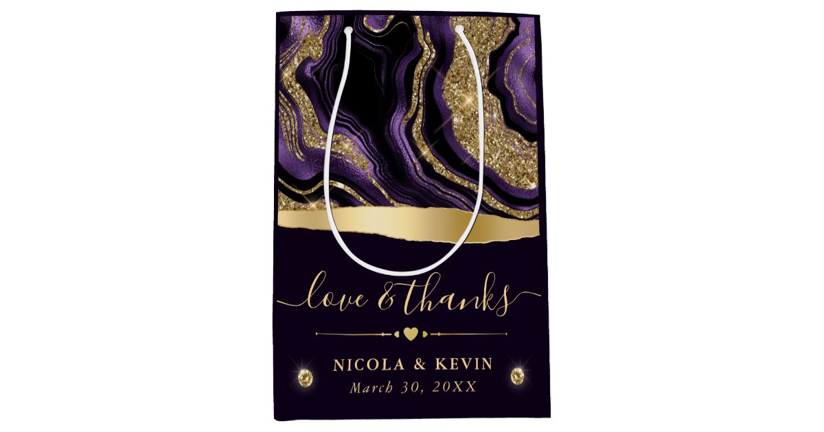 Elegant Purple Foil and Gold Glitter Agate Wedding Medium Gift Bag | Zazzle