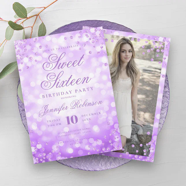 Elegant Purple Glam Lights Photo Sweet 16 Invitation | Zazzle