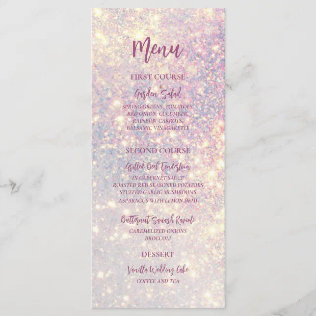 Elegant Purple Glitter Sparkle Wedding Menu | Zazzle