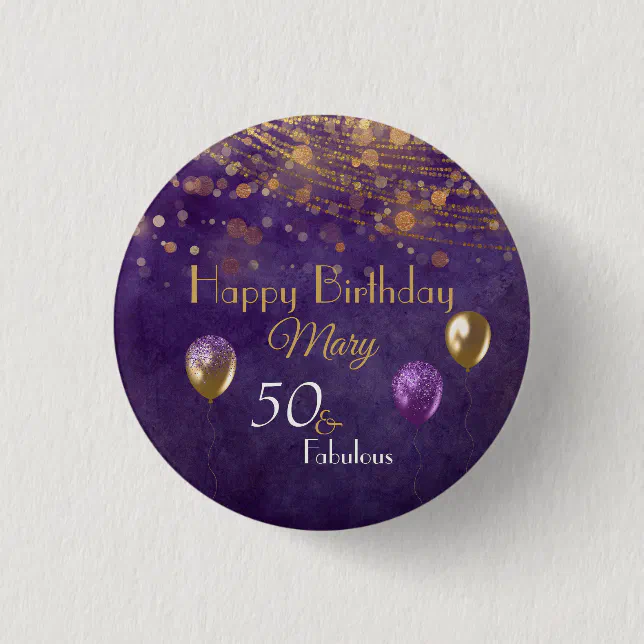 Elegant Purple Gold 50 Fabulous Happy Birthday Button | Zazzle