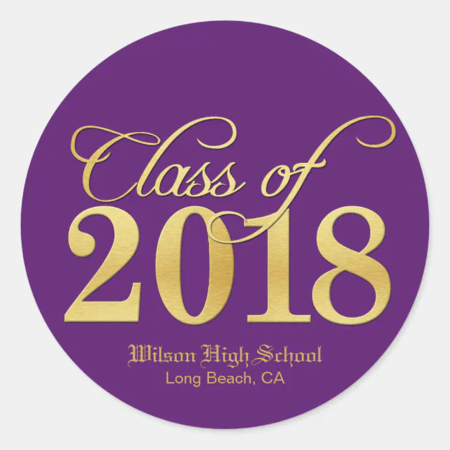 Elegant Purple & Gold Class of 2018 Graduation Classic Round Sticker ...