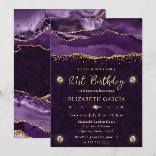 Elegant Purple & Gold Glitter Agate 21st Birthday Invitation | Zazzle