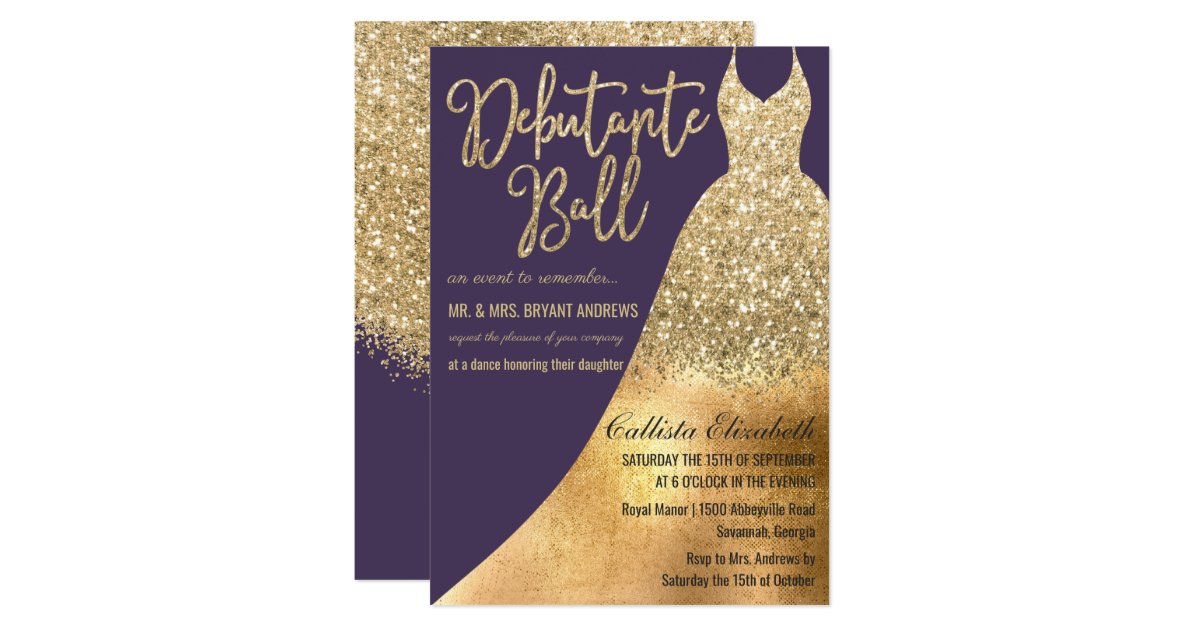 Elegant Purple Gold Glitter Dress Debutante Dance Invitation | Zazzle.com