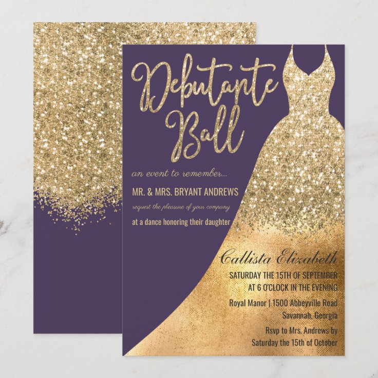 Elegant Purple Gold Glitter Dress Debutante Dance Invitation | Zazzle
