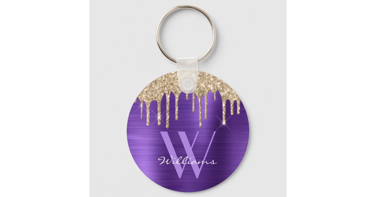 Elegant Purple Gold Glitter Drips Monogram Name Keychain | Zazzle
