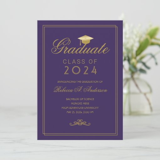 Elegant Purple Gold Grad Cap College Graduation Announcement | Zazzle
