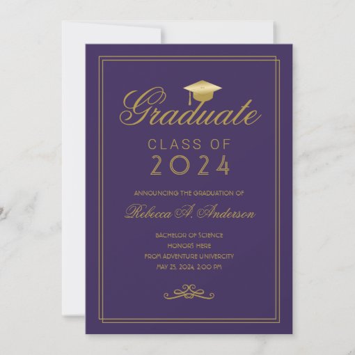 Elegant Purple Gold Grad Cap College Graduation Announcement | Zazzle