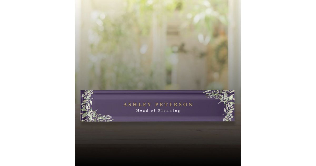 Elegant Purple Gold Greenery Desk Name Plate | Zazzle