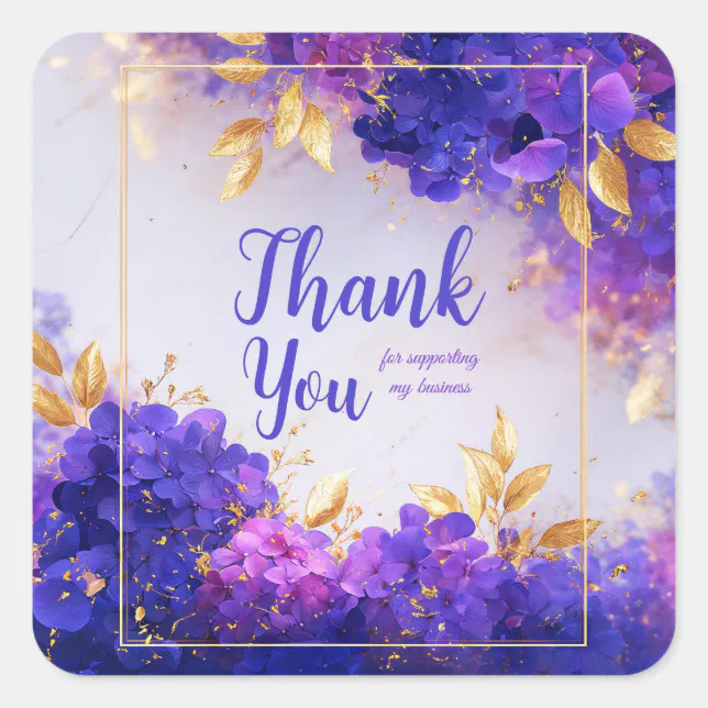 Elegant Purple Gold Hydrangea Floral Sparkle Square Sticker | Zazzle