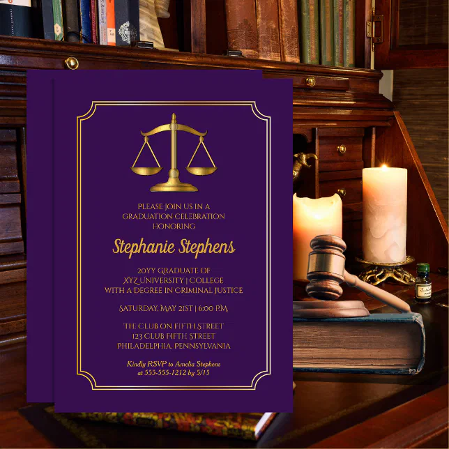 Elegant Purple Gold Law Attorney Graduation Party Invitation | Zazzle