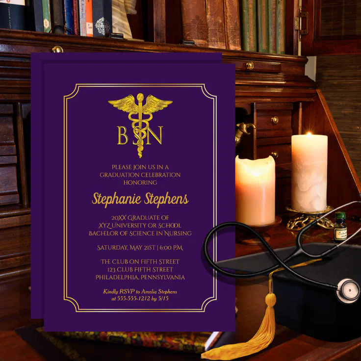 Elegant Purple | Gold Nurse BSN Graduation Party Invitation | Zazzle