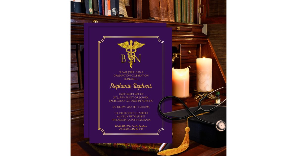 Elegant Purple | Gold Nurse BSN Graduation Party Invitation | Zazzle