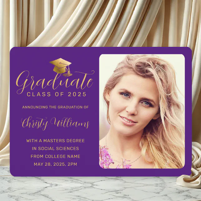 Elegant Purple Gold Photo College Graduation Announcement | Zazzle
