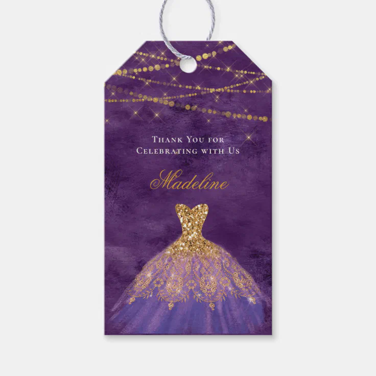 Elegant Purple & Gold with String Lights Gift Tags | Zazzle