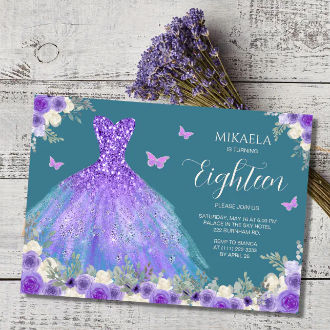 Elegant Purple Gown Floral 18th Birthday Invitation | Zazzle