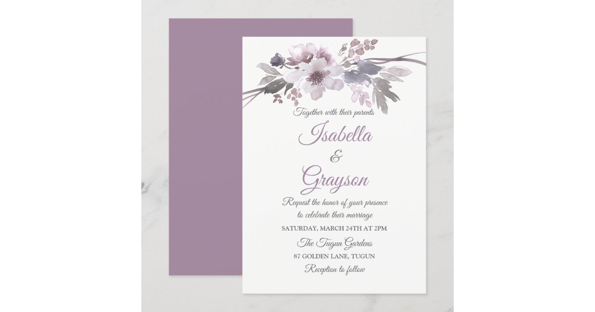 Elegant Purple Gray Floral Wedding Invite | Zazzle