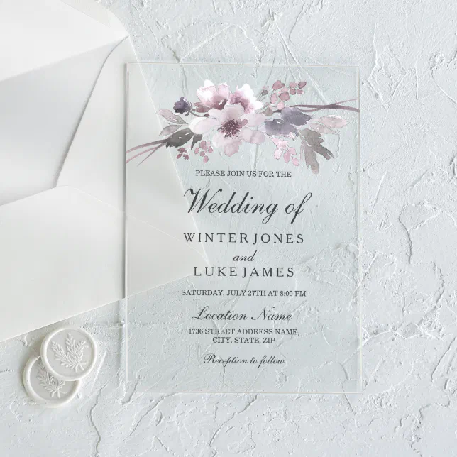Elegant Purple Gray Winter Floral Wedding Acrylic Invitations | Zazzle