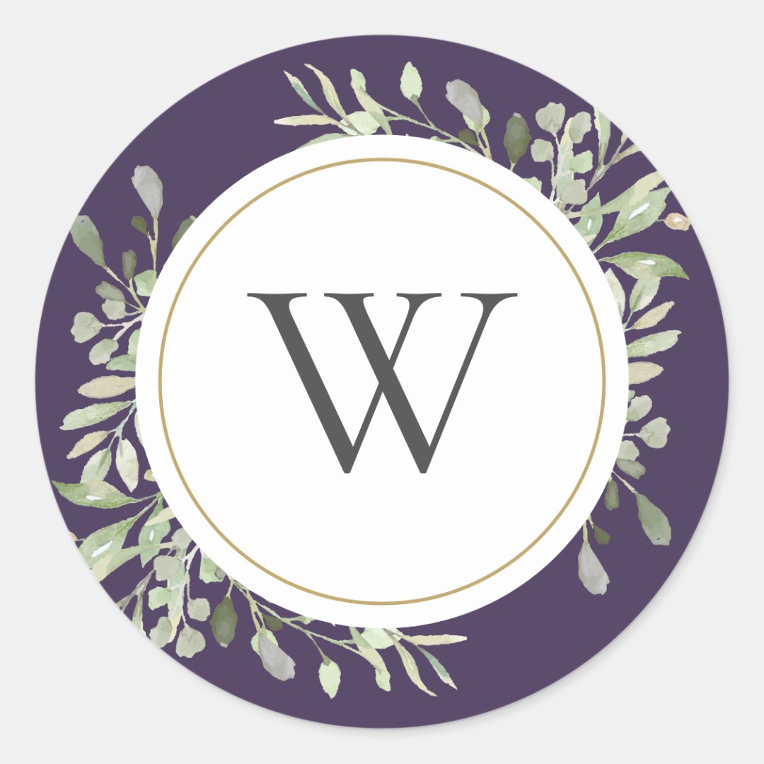Elegant Purple Greenery Monogram Initial Classic Round Sticker | Zazzle