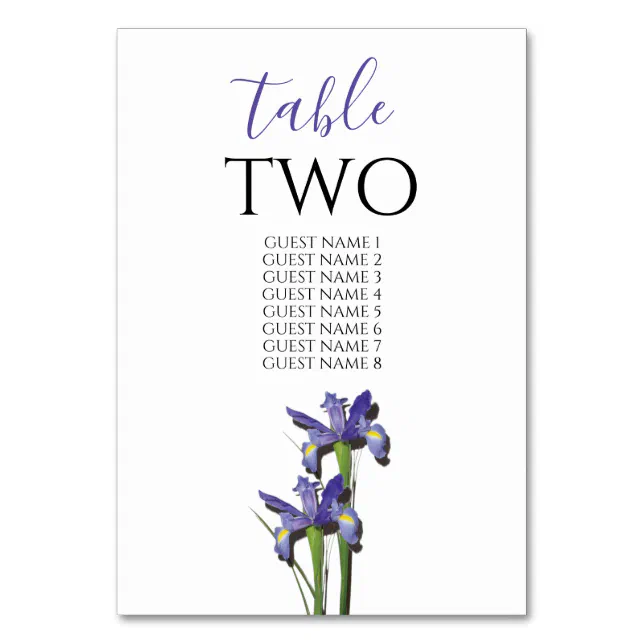 Elegant Purple Iris Wedding Guest Names Table Number | Zazzle