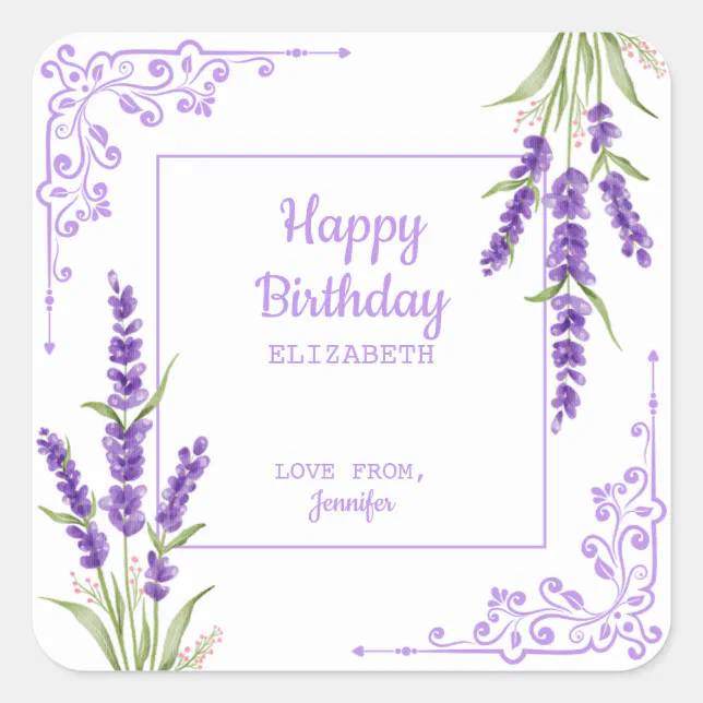 Elegant Purple Lavender Antique Frame Birthday Square Sticker | Zazzle
