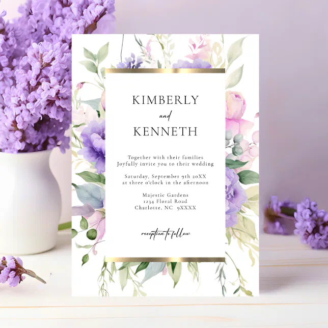 Elegant Purple Lavender Pink Floral Wedding Invitation | Zazzle
