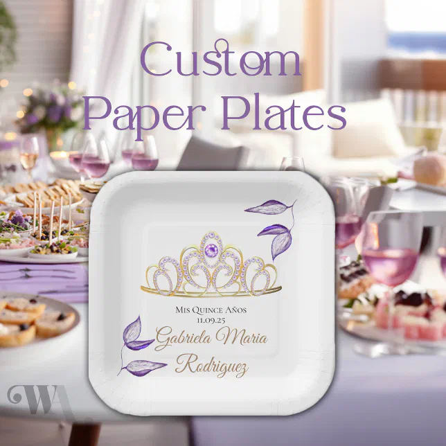 Elegant Purple Leaves Gold Tiara Quinceañera Paper Plates | Zazzle