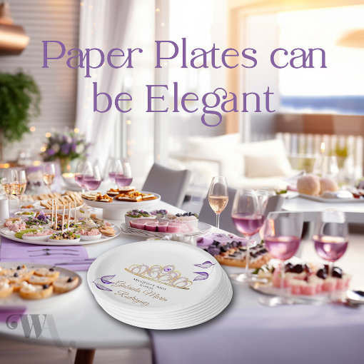 Elegant Purple Leaves Gold Tiara Quinceañera Paper Plates | Zazzle