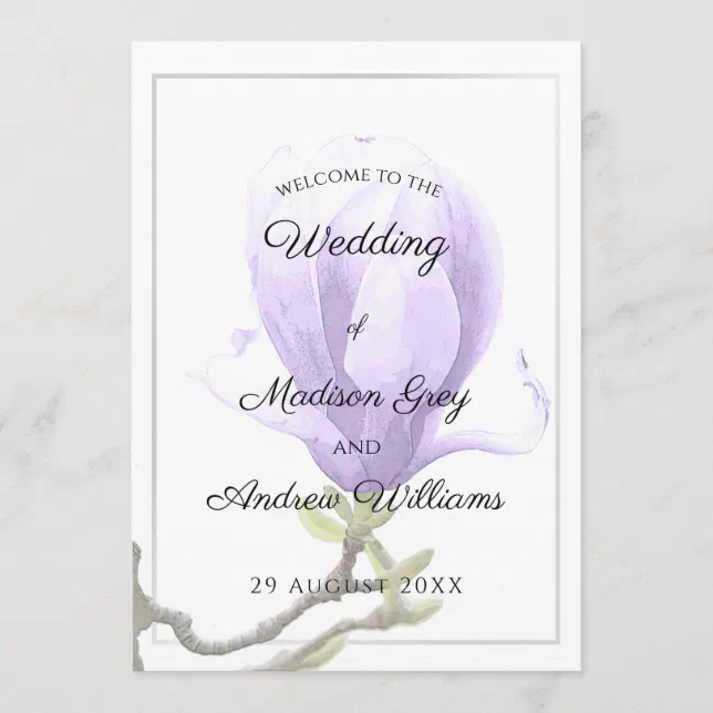 Elegant Purple Magnolia Wedding Menu | Zazzle