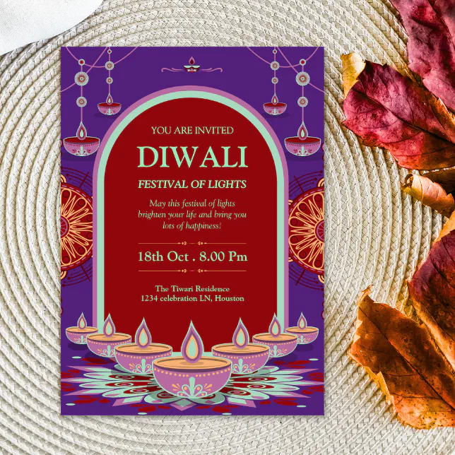Elegant purple mandala Diwali Festival of Lights Invitation | Zazzle