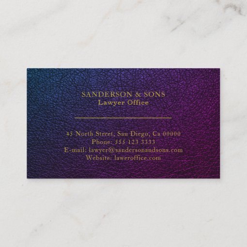 Elegant purple navy faux lather gold script lawyer business card | Zazzle